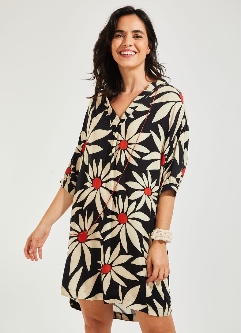 Vestido curto túnica estampado daisy PRETO - Cantao
