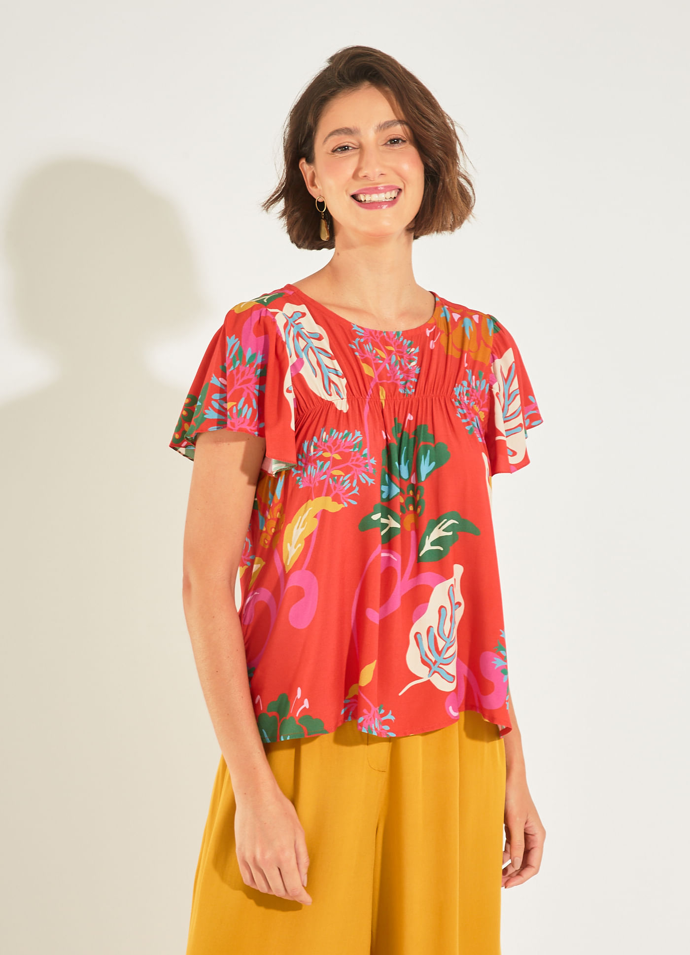 Blusa manga curta estampada prosa VERMELHO - Cantao