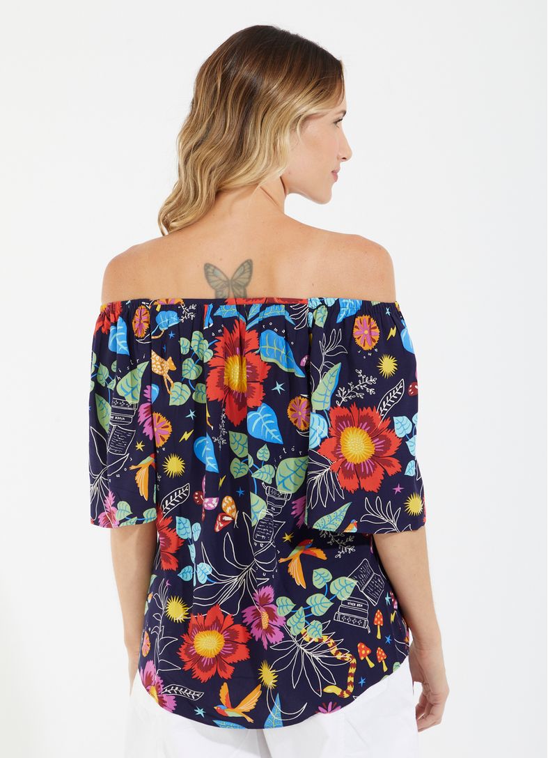 Blusa decote quadrado estampada romance AZUL MARINHO - Cantao