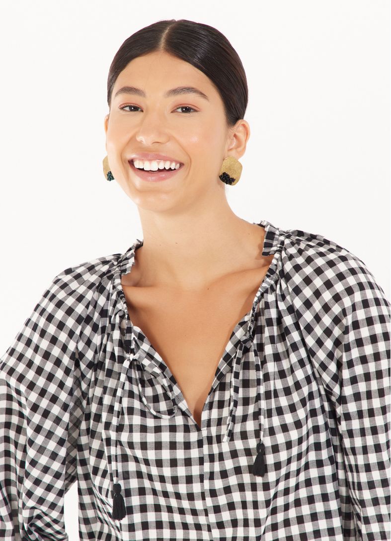 Bata bordada voil vichy preto - Cantao