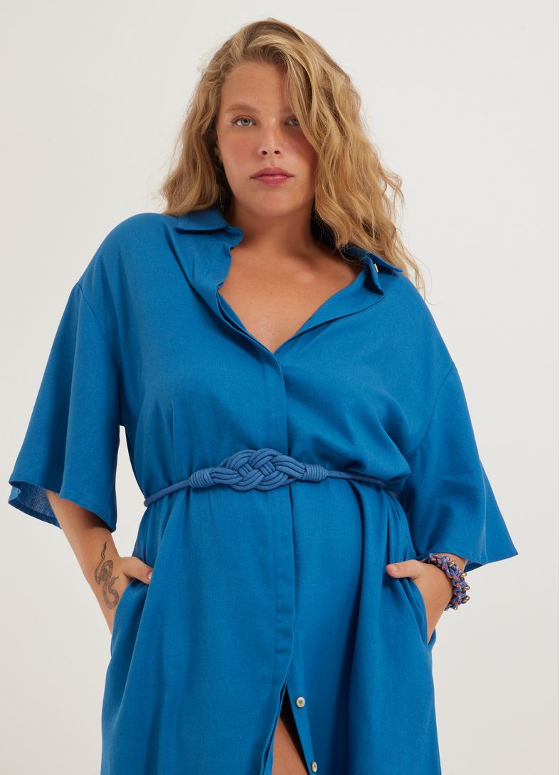 Vestido chemisier linho tramas da memória azul - Cantao