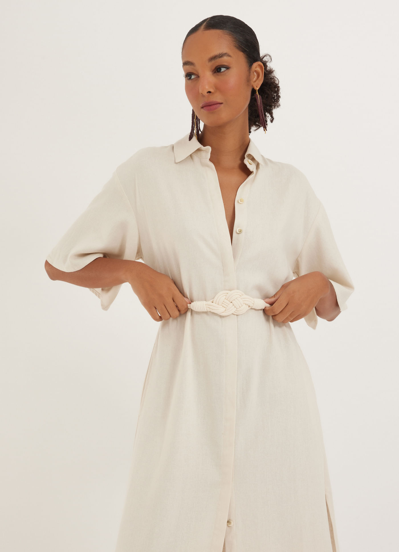 Vestido chemisier linho tramas da memória bege - Cantao