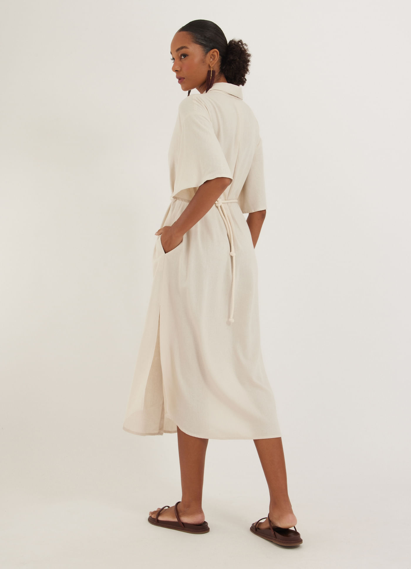 Vestido chemisier linho tramas da memória bege - Cantao